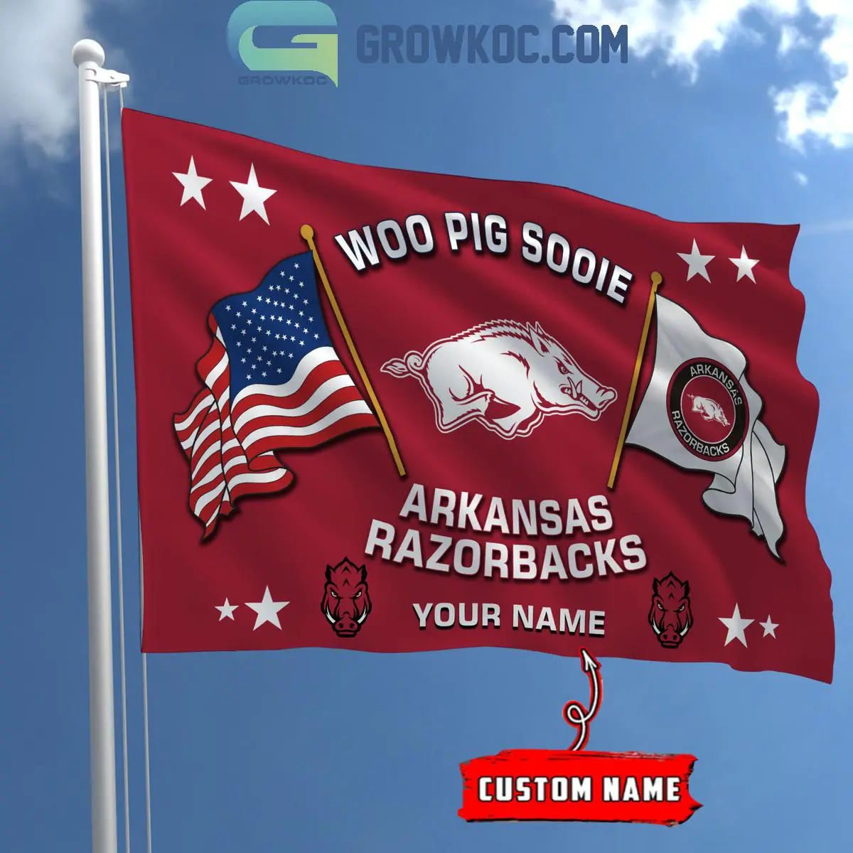Arkansas Razorbacks Woo Pig Sooie 2024 Personalized Flag - Hearthtops Store