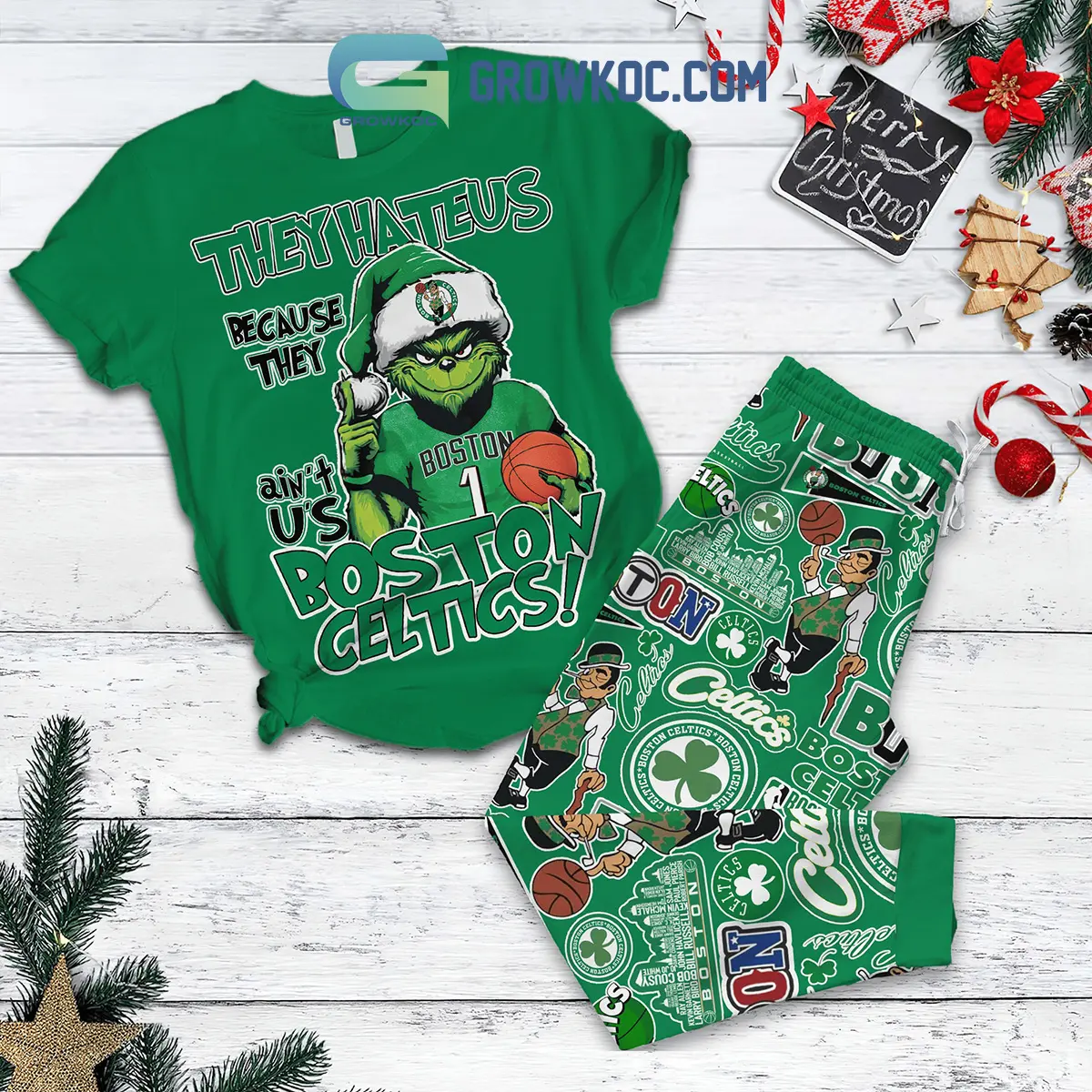 Boston Celtics Grinch They Hate Us Christmas Fleece Pajamas Set ...