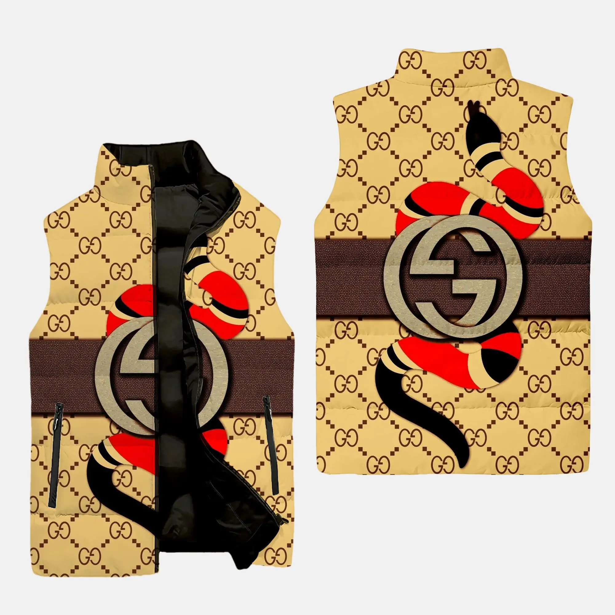 Gucci Yellow Snake Luxury Brand 3D Sleeveless Puffer Jacket ...