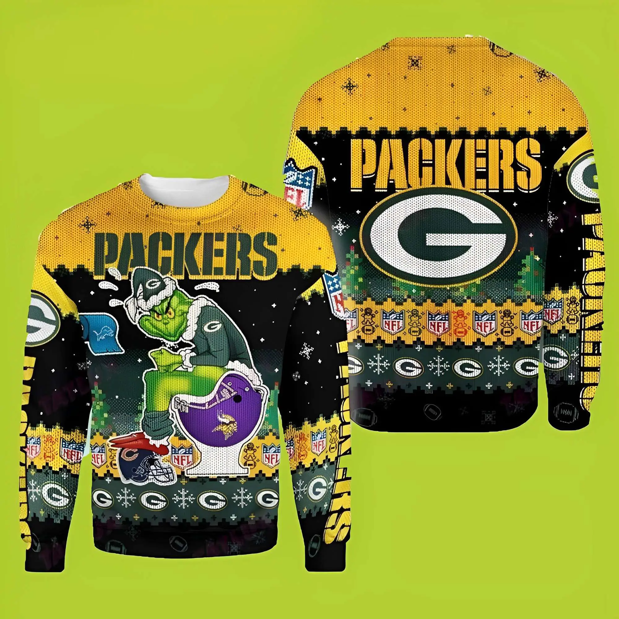 Green Bay Packers Grinch Funny Xmas Sweaters, Grinch Ugly Sweater ...